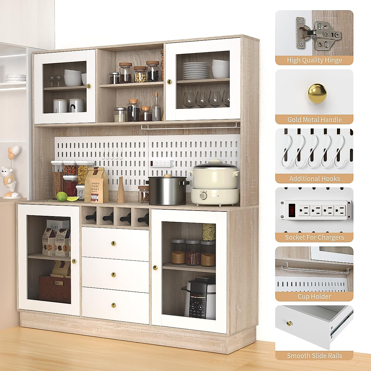 VOWNER Kitchen Hutch Cabinet, Pantry Cabinet, Freestanding Buffet Hutch with Pegboard, Cup Holder, Power Outlet, 4 Doors & 3 Drawers, Cupboard with Microwave Shelf & Wine Racks (Wood Color and White)