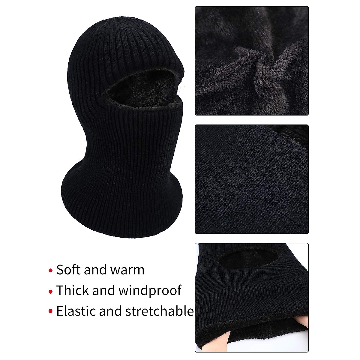 Winter Ski Mask for Men Knitted Full Face Mask Balaclava Hats 1 Hole Winter Ski Mask Fleece for Men Women Favors (Black, Medium)