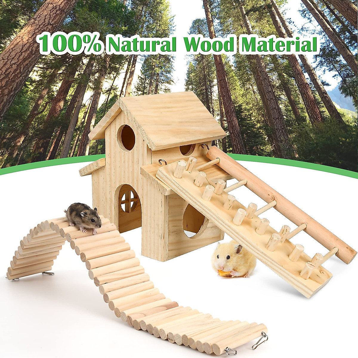 Hamster Toys House 3 Pack Guinea Pig Toys Hamsters Climbing Ladder Brige Natural Wooden Funny Play Toy Chews for Small Animals Rat Mouse Hideouts