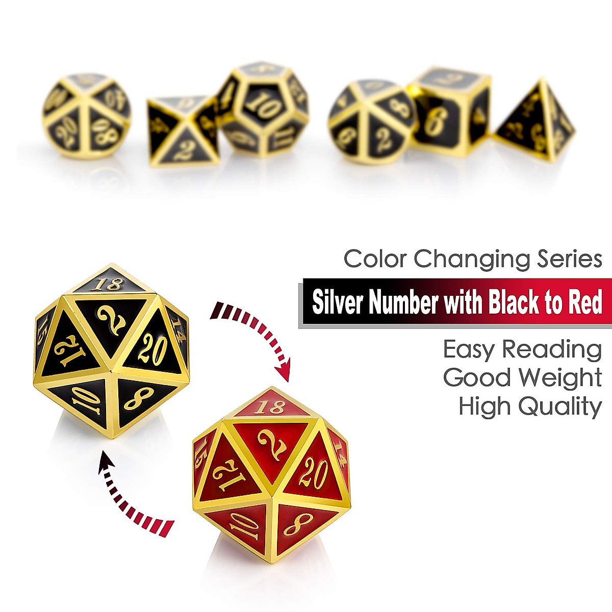 Color Changing D&D Metal Dice Set, DNDND Temperature Sensitive Game Dice DND with Free Metal Tin for Dungeons and Dragons D&D Role Playing Table Games (Glod Number with Black to Red)