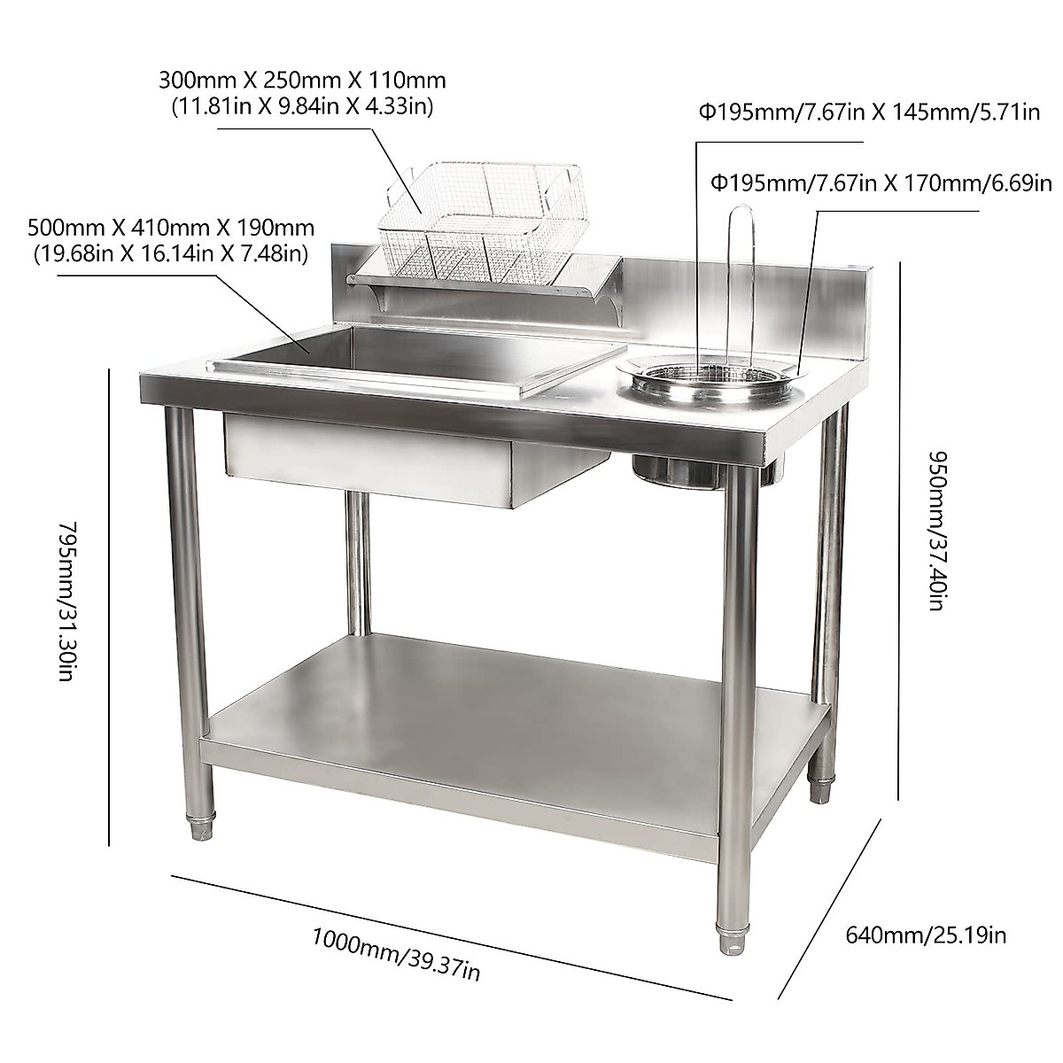YUNLAIGOTOP Stainless Steel Work Table Fried Chicken Breading Table Commercial Food Prep Worktable Breading Table w/ 2 Basins+2 Baskets, Fried Food Prep Breader Station for Kitchen Restaurant Business