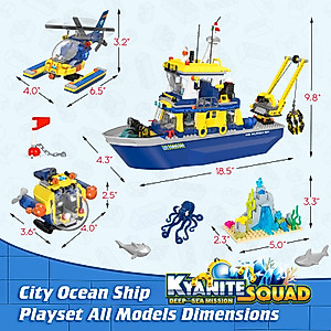 WishaLife City Ocean Exploration Ship Building Toy Set, W/Submarine, Helicopter, Shark, Octopus, Coral Reef, Fun Toy Gift for Kids Boys Girls 6+