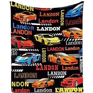 Personalized Race Car Blanket with Name for Boys Kids Custom Crazy Red Blue Racing Sportcar Throw Blankets Customized Speed Racer Warm Soft Flannel Fleece Sofa Blanket Gifts Decor, 40"x50"