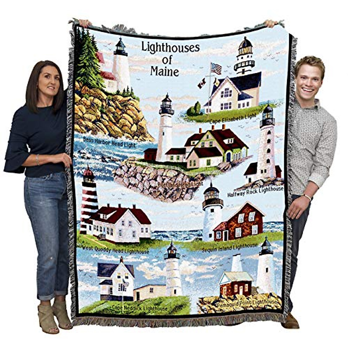Lighthouses of Maine Blanket - Bass Harbor Cape Elizabeth Halfway Rock Sequin Neddick West Quoddy Portland Pemaquid - Coastal Ocean Gift Tapestry Throw Woven from Cotton - Made in the USA (72x54)