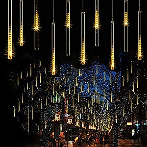 BrizLabs Christmas Meteor Shower Falling Rain Lights, 12 inch 10 Tubes 240 LED Icicle Cascading Christmas Lights Outdoor, Waterproof Plugin Warm White Xmas Tree Lights for Garden Christmas Party