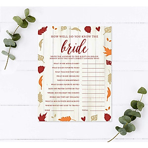 Andaz Press Fallin' in Love Autumn Fall Leaves Wedding Party Collection, How Well Do You Know the Bride? Bridal Shower Game Cards, 20-Pack