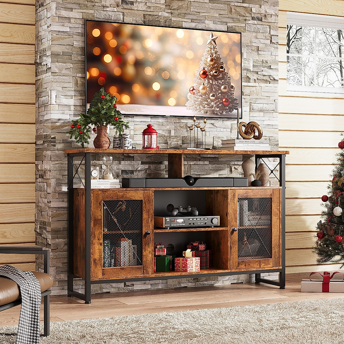 WLIVE TV Stand 55 inch TV, Tall Entertainment Center with Storage, Farmhouse Industrial TV Console for Bedroom Living Room, Rustic Brown