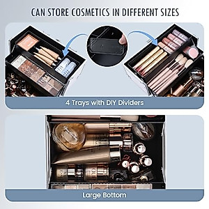 FRENESSA Makeup Train Case Portable Cosmetic Box Organizer 4 Trays Aluminum Makeup Case Storage with Divider Lockable for Makeup Artist, Crafter, Makeup Tools Elagant Silver Rose