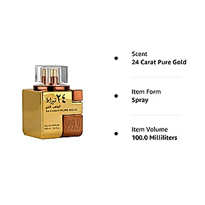 24 Carat EDP - 100 ML (3.4 oz) I Classic combination of Oudh, roses and vanilla I Incense, Amber, Leather, Musk, & Vanilla I Very Strong Smell I Powerful Arabic Attar perfume I by Lattafa (24 Carat Pure Gold)
