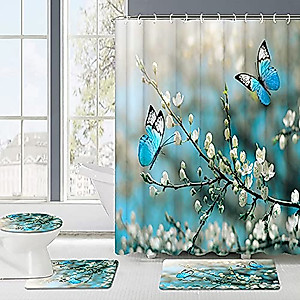4 Piece Set Butterfly Shower Curtain Turquoise Animal Bathroom Decor Teal Butterflies on Flower Tree Branch Polyester Fabric Bathtub Sets with Toilet Lid Cover Anti-Slip Mat Shower Rugs