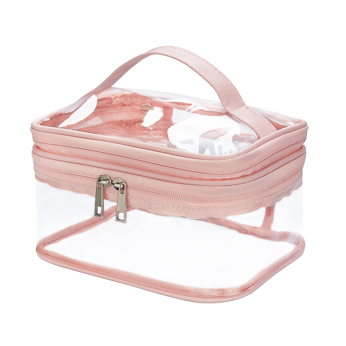 HAOGUAGUA Double Layer Clear Cosmetic Bag Makeup Bag, Waterproof Travel Toiletry Bag, Transparent PVC Hair & Nail Accessories Pouch Beach Bag Organizer (Pink)