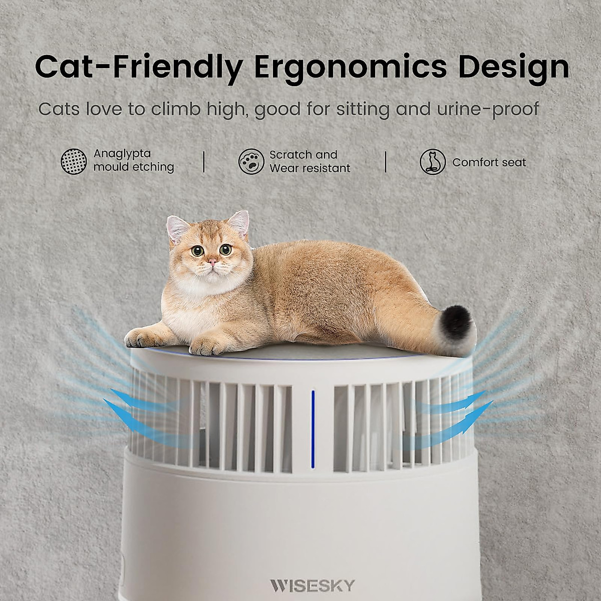 WISESKY Air Purifier for Home Cat Hair Pee Smell in Bedroom, Cat Safety by 24 Voltage, 360° Air Inlet, 3 in 1 HEPA Filter Removes Dust, Dander, Odor, Smart APP Control, 23dB Sleep Mode, W-Cat, White