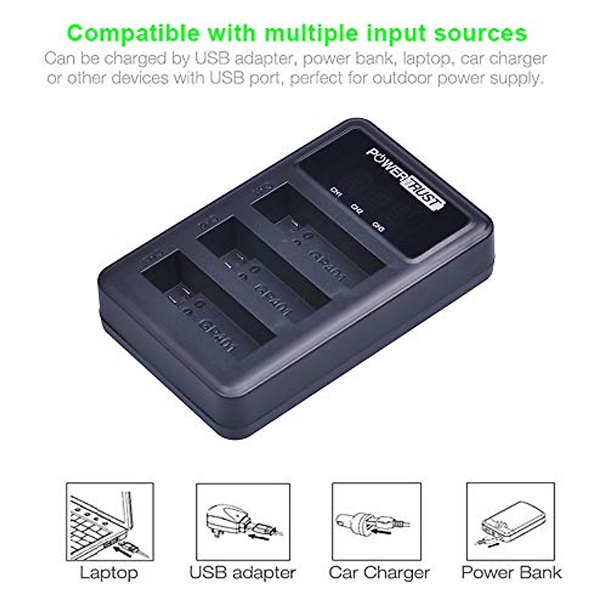 PowerTrust 3Pcs AHDBT-401 Battery for Gopro Hero 4 AHDBT401 AHBBP-401 AHDBT 401 Digital Battery and LED 3-Port USB Charger for GoPro Hero4 HERO4 Camera