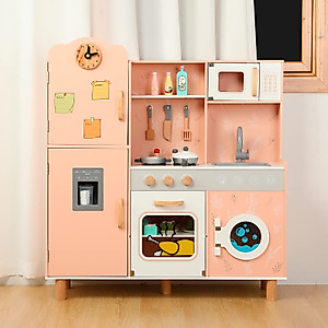 Bruvoalon Wooden Play Kitchen Toy Set for Kids, with Realistic Design, Sink with Faucet, Oven, Microwave, Utensils, Kitchenware Play Food Set Accessories, Birthday Gifts for Toddlers Boys Girls (Pink)