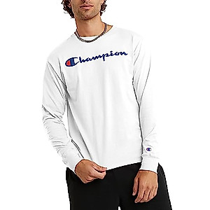 Champion Long Sleeve, Classic T-Shirt for Men (Reg. or Big & Tall), White Script, Medium