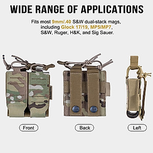 OneTigris Tactical Pistol Mag Pouch DD44 - Molle Double Magazine Pouch for 9mm .40 .45 .357 Glock S&W Ruger Springfield HK Quick Release with Plastic Inserts OWB Laser-Cutting