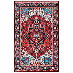 SAFAVIEH Tucson Collection Area Rug - 6'6" x 9', Red & Blue, Medallion Design, Non-Shedding Machine Washable & Slip Resistant Ideal for High Traffic Areas in Living Room, Bedroom (TSN101Q)
