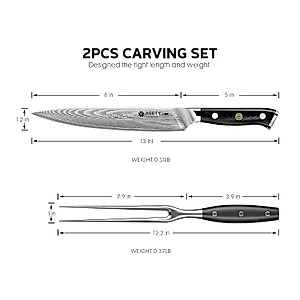 ASETY Carving Knife Set, Damascus Carving Knife and Fork Set, 2 PCS Carving Set for Turkey, Meat, BBQ, Brisket, Full Tang Slicing Knife with Elegant Box, G10 Handle
