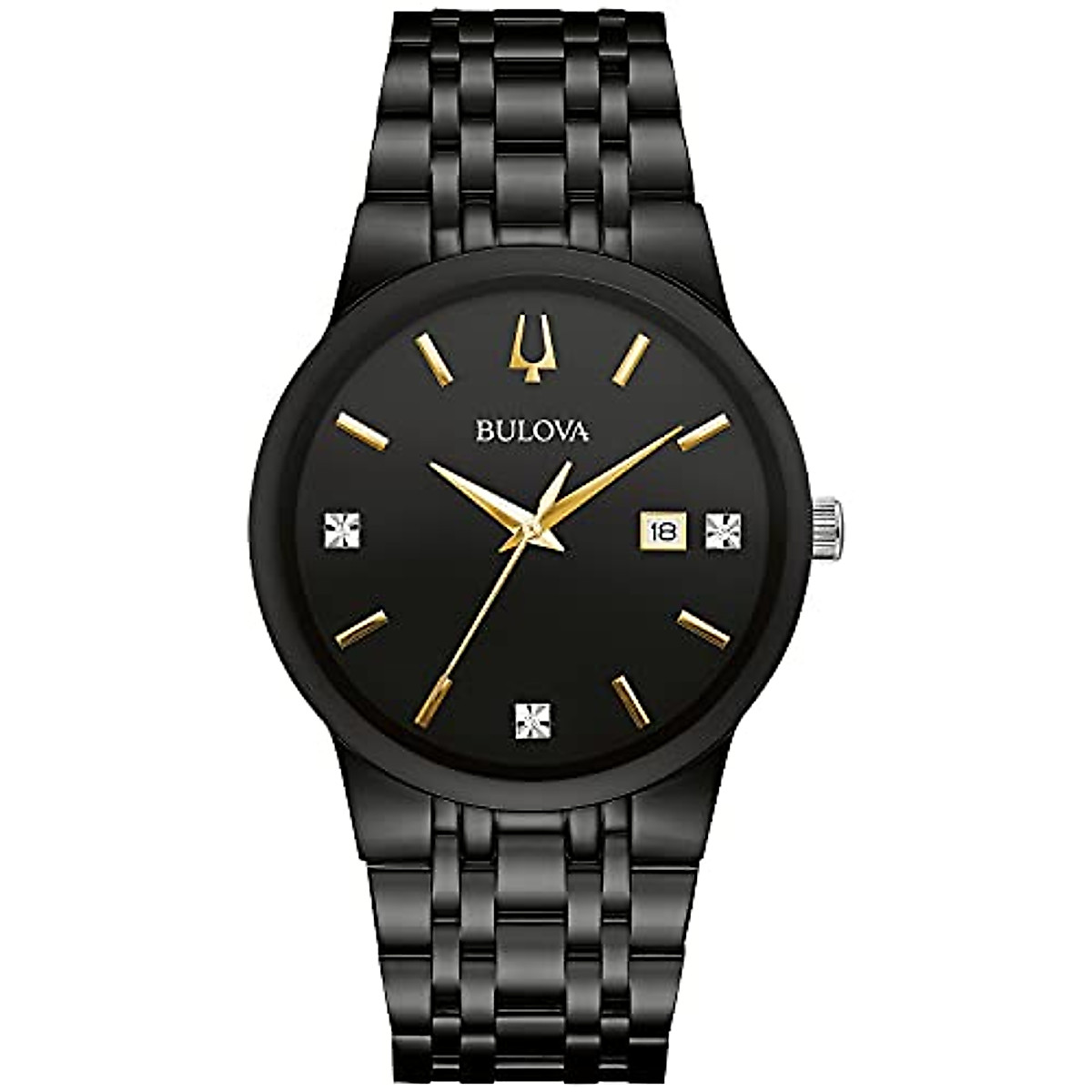 Bulova Men's Modern Black Ion-Plated Stainless Steel 3-Hand Calendar Date Quartz Watch, Gold Tone Accents and Diamond Dial, 40mm Style: 98D166