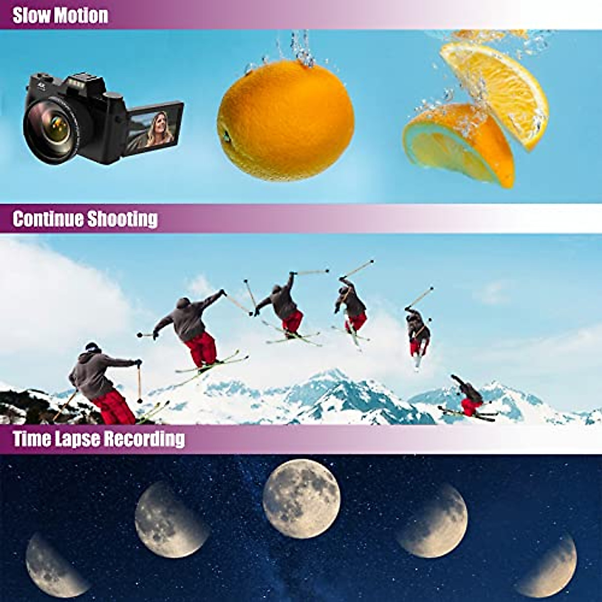 Vlogging Camera, 4K Digital Camera for YouTube with WiFi, 16X Digital Zoom, 180 Degree Flip Screen, Wide Angle Lens, Macro Lens, 2 Batteries and 32GB TF Card TopA.3