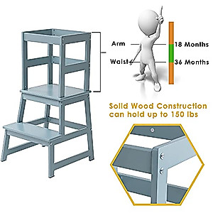 Kitchen Step Stool for Toddlers and Kids with Safety Rails for Kitchen Counter Solid Wood (Baby Blue)
