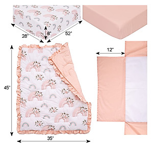 Noisy Mouse - Boho Rainbow, Premium, 100% Organic Cotton 4-Piece Baby Nursery Bedding Crib Set | Baby Comforter | 2 X Fitted Crib Sheets | Crib Skirt (Peach, Teal, White)