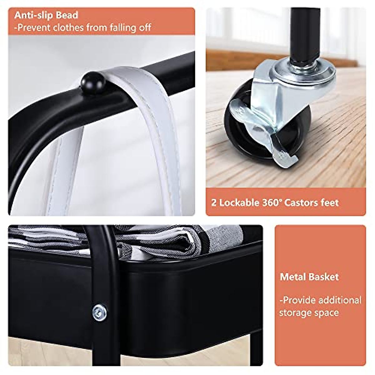 HIDODO Black Clothing Rack, Portable Garment Rack Rolling Clothes Organizer with 2 Tier Metal Baskets, Laundry Cart with Hanging Rack, Small Wardrobe Rack on Wheels for Bedroom, Laundry and Entryway