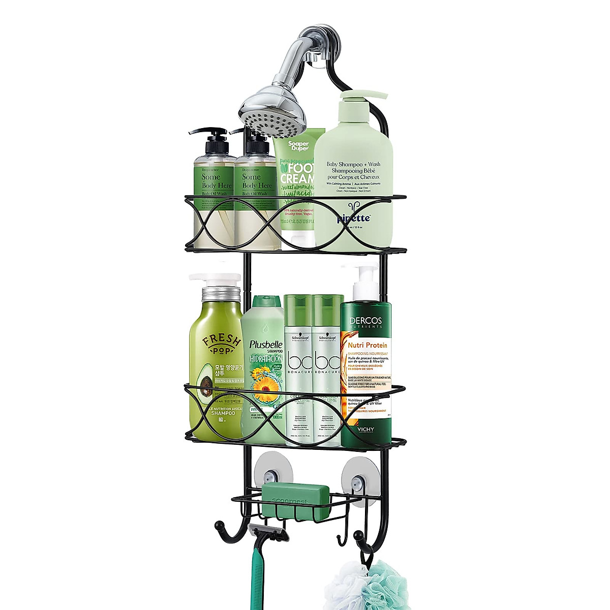 ONTOTY Shower Caddy Hanging, No Drilling & Rustproof Hanging Shower Organizer, Anti-Swing Shower Caddy Over Shower Head with 2 Strong Suction Cup, 6 Hooks and Soap Basket, for Bathroom, Soap, Razor