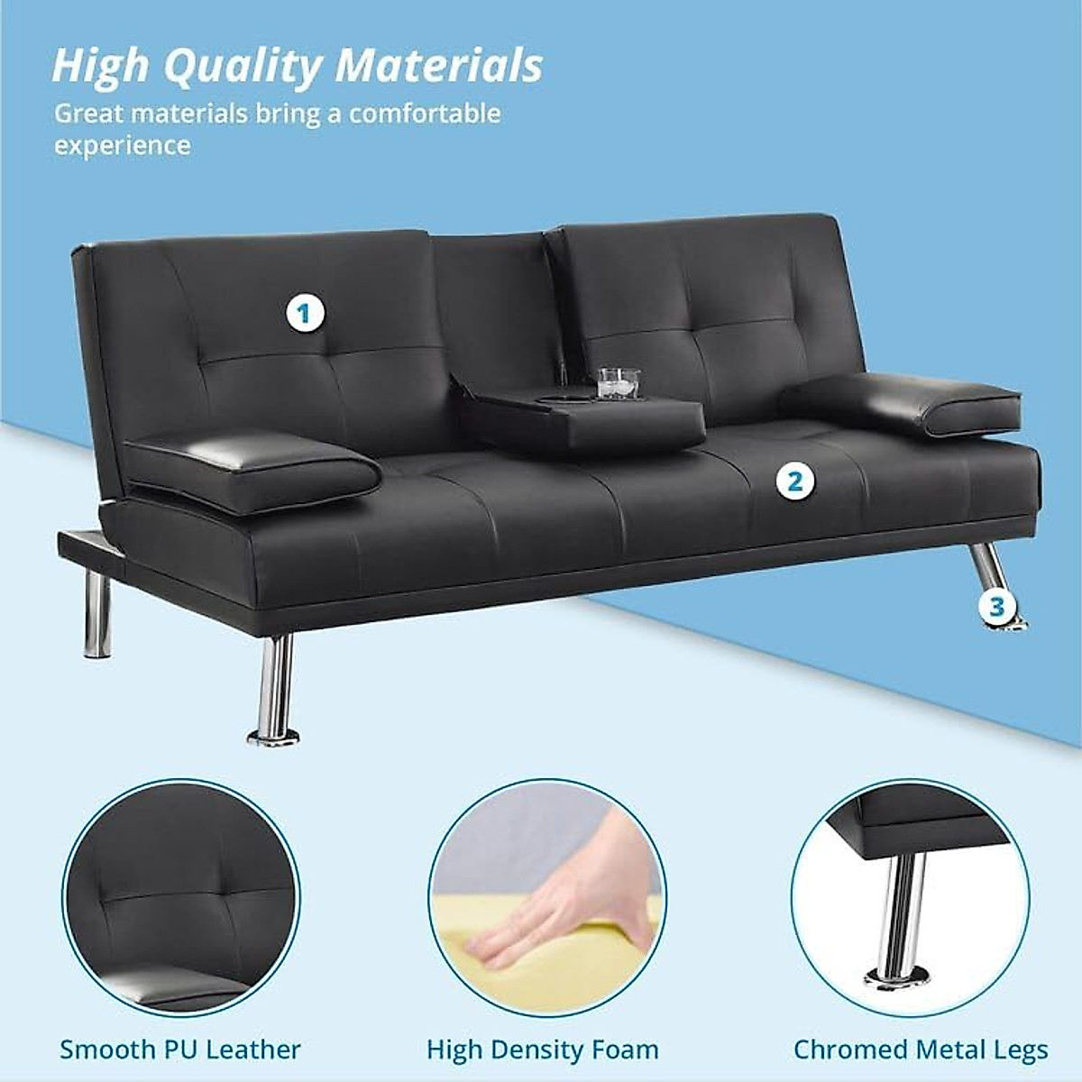 Space-Saving Design: Convertible Futon Sofa Bed, Versatile Comfort - Sturdy Build Modern Faux Leather Futon Couch - Low-Maintenance Upholstery - Customizable Positions - Easy Assembly - Black