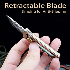 TENCHILON TK26 Mini Retractable Utility Box Cutter Keychain Knife, 1.2 inches D2 Tanto Blades, 2.6 inches Tumbled Skeletonized Brass Handles, Small Pocket EDC Cutting Tool Knives