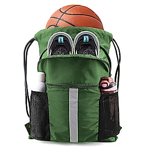 BeeGreen Dark Green Drawstring Backpack with Shoe Compartment X-Large Gym Sports String Cinch Backpack Athletic Sackpack with Front Inside Zipper Pockets
