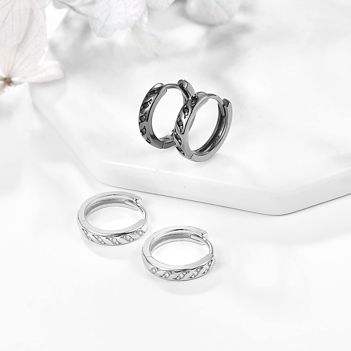 Dreamboat Simple Black Earrings for Women Wave Earrings Aretes De Hombre Black Hoop Earrings Men Huggie Earrings Cubic Zirconia Earrings 925 Sterling Silver Hypoallergenic Earrings Black Jewelry