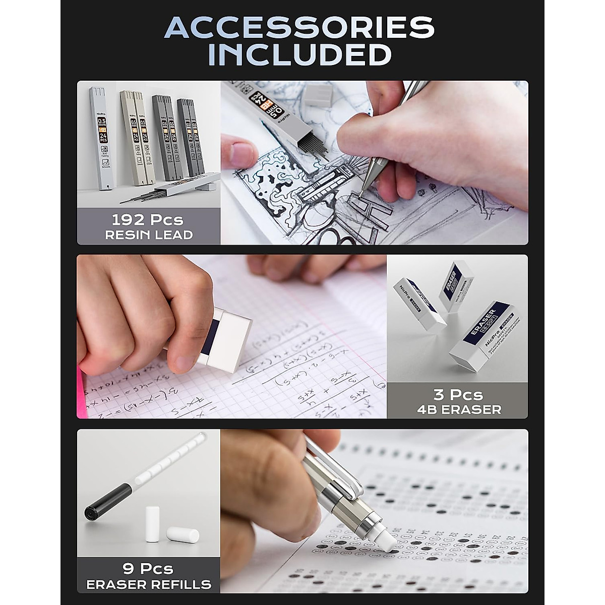 Nicpro 4 Pack 0.5mm Mechanical Pencil Set with Case, Metal Mechanical Pencil Drafting Pencil Lead 0.5mm for Artist Writing, Sketching, Drawing, 8 Tube HB #2 Refill, 3 PCS 4B Eraser, 9 Eraser Refill