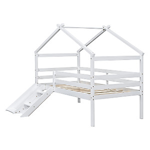 Bekeknlny Twin Low House Bed for Kids with Slide, Ladder, Safety Guardrails, Modern Wood Loft Bed for Boys Girls, No Box Spring Needed (White/House*L, Twin)