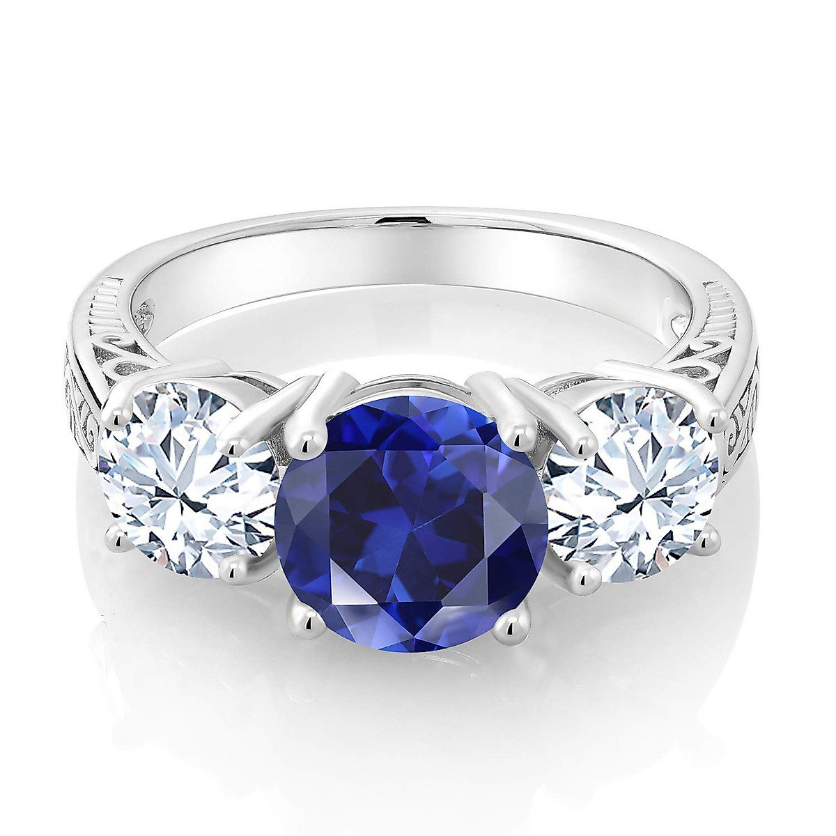 Gem Stone King 4.50 Cttw Blue Created Sapphire and White Created Sapphire 3-Stone Ring For Women In 925 Sterling Silver | Round 8MM and 6MM | Available in size 5, 6, 7, 8, 9