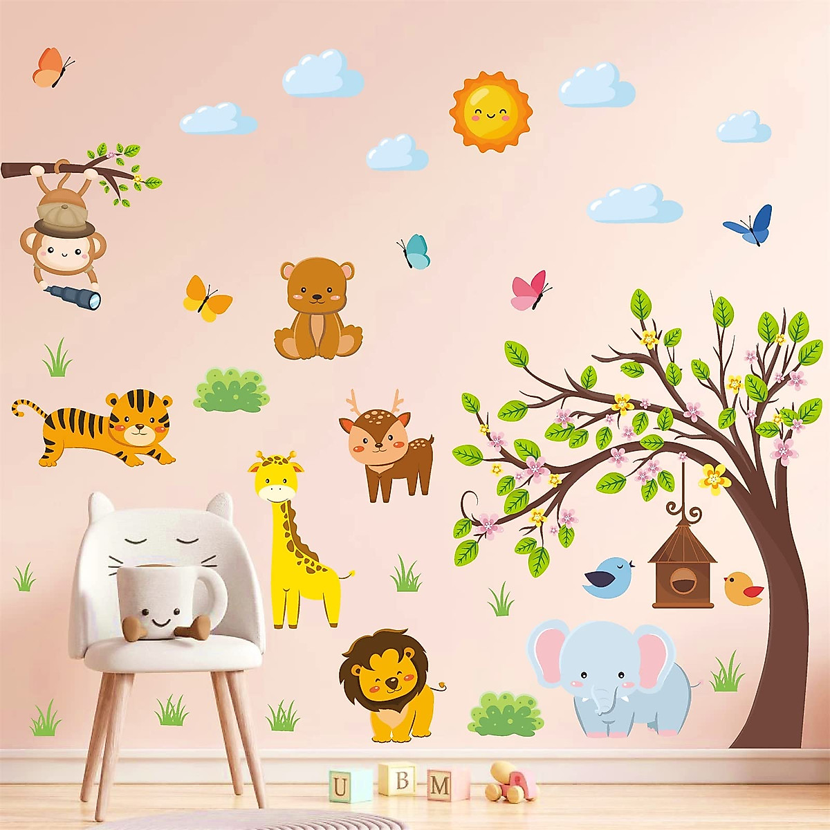 Jungle Animal Wall Decals Cartoon Tree Animal Wall Stickers Forest Animal Wall Decals Peel and Stick Elephant Woodland Animal Wall Decal for Girl Boy Room Kids Baby Room Nursery Playroom Bedroom Decor