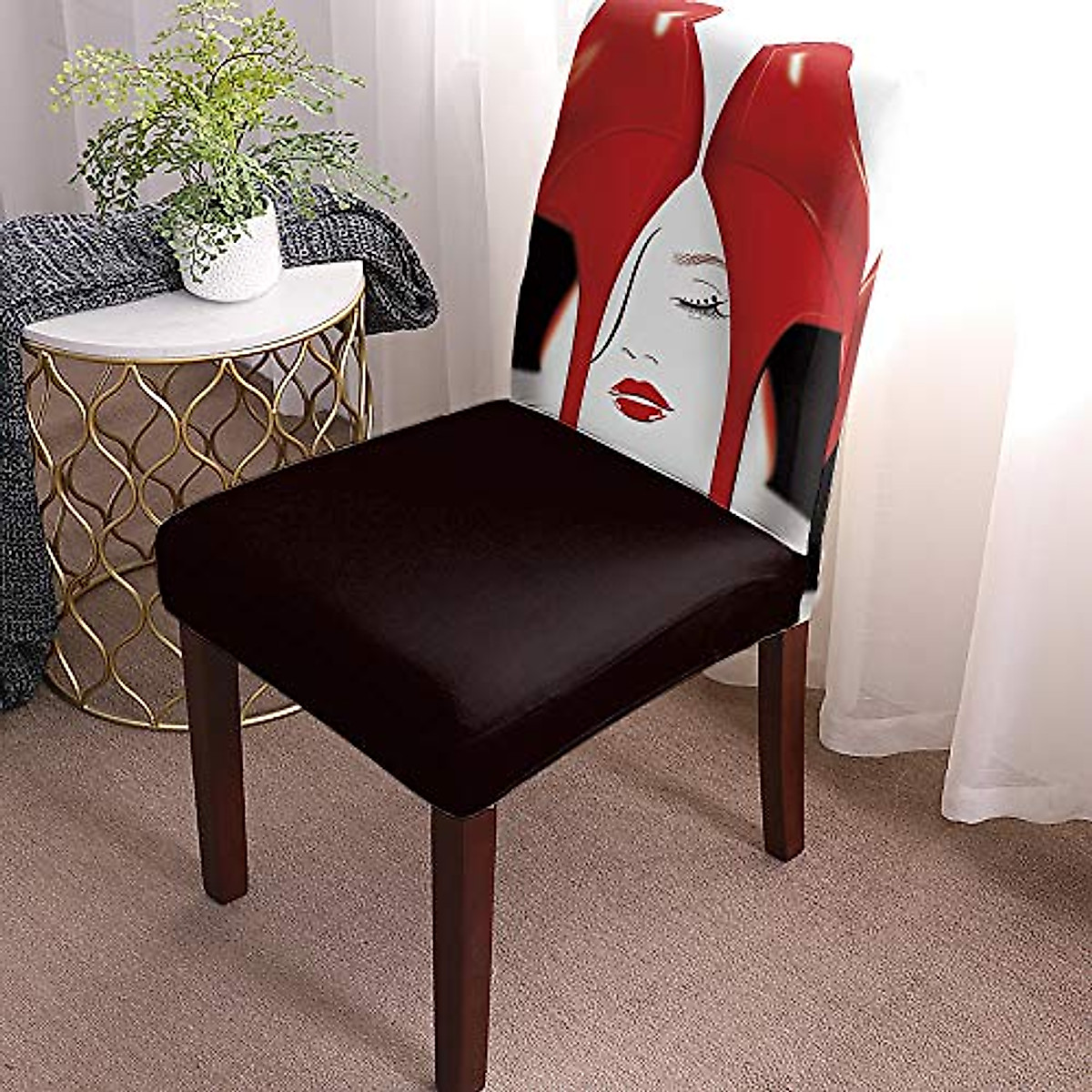 Dining Chair Slipcover, Sexy Red High Heels Fashion Woman Face Stretch Kitchen Chair Covers Removable Parsons Chair Protector Covers for Dining Room Banquet Party, Set of 8