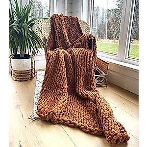 White Oak Village Large Chunky Knit Blanket 50x70; Boho Throw; Tight Braid Cable Knit Throw for Sofa Throw for Bed; Chenille Weighted Blanket 4.5lbs Farmhouse Decor (Deep Ginger)