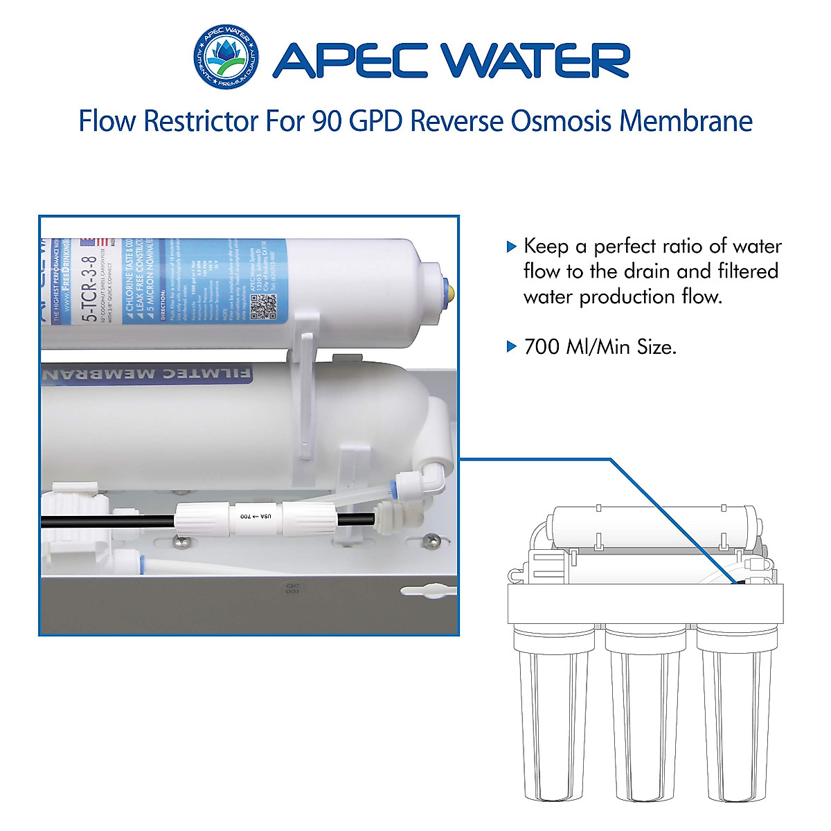 APEC Water Systems US MADE 90 GPD Flow Restrictor With 1/4" Quick Connect for Reverse Osmosis Water Filter System (FLO-700-QC)