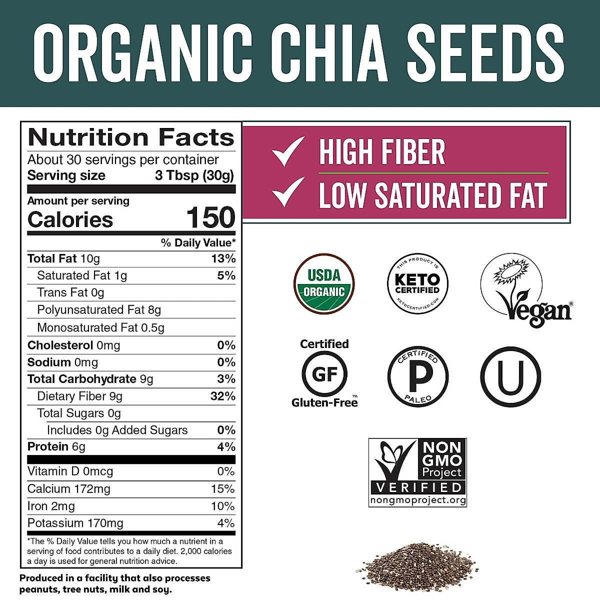 Viva Naturals Organic Chia Seeds 2 LBs - Plant-Based Omega-3 and Vegan Protein, Non-GMO Chia Seeds Organic Perfect for Smoothies, Salads and Chia Seed Pudding, Black Chia Seeds Bulk