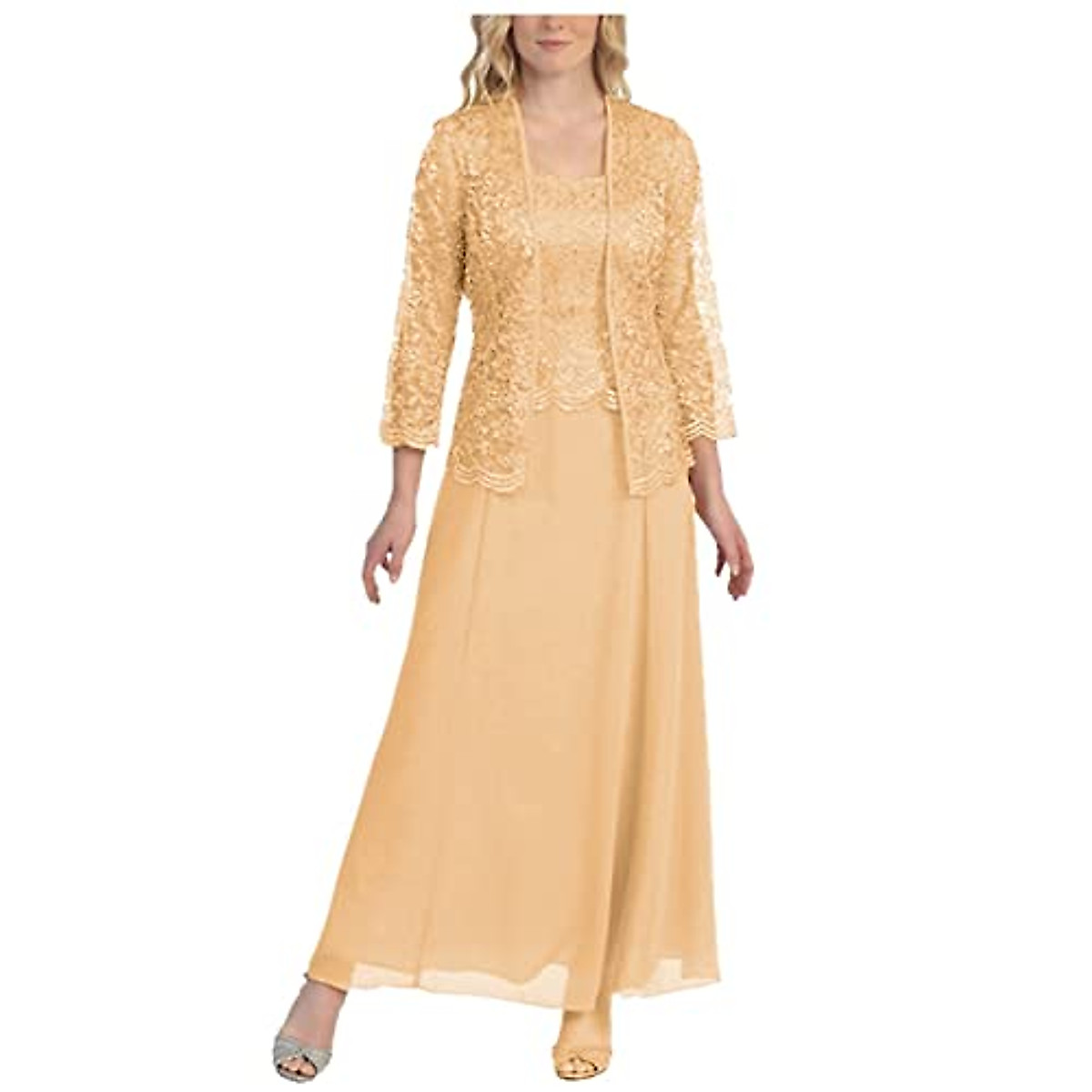 Fall Dresses for Women,Petite Maxi Dress Winter Dresses for Women 2023 Cotton Dress Solid Two Piece Lace Cardigan Chiffon Party Wedding Long Dress Plus Size White Dress for Women(Gold-3,4X-Large)