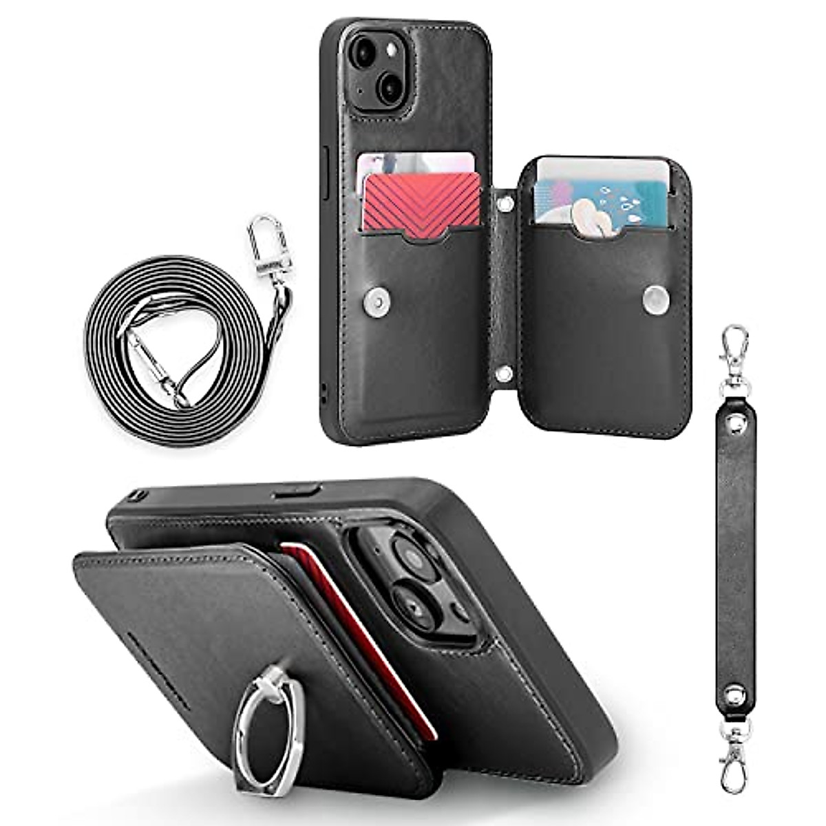 GOOSPERY Rich-Fit iPhone 14 Plus Crossbody Wallet Case for iPhone 14 Plus Case [Strap Included] with Card Holder Lanyard Magnetic Clasp [Kickstand Ring] Heavy Duty Protection, Black