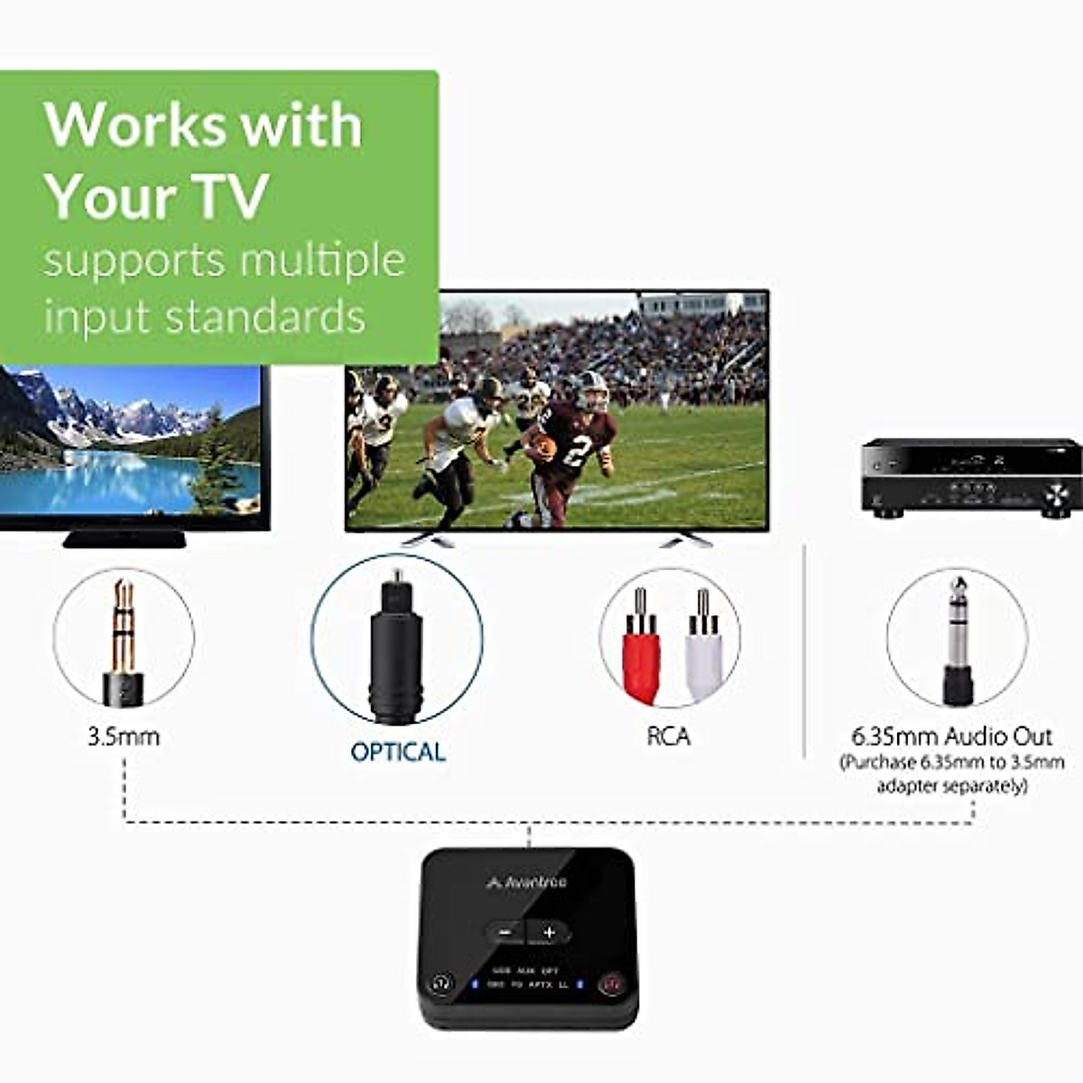 Avantree HT4189 & AS9, Bundle - Wireless Over-Ear Headphones for TV Sharing (2 Pack) & a Bluetooth Transmitter for Optical Digital Audio, RCA, 3.5mm AUX Port TVs, No Delay