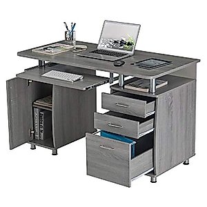 Techni Mobili Complete Workstation Table with Multiple Storage, Computer Desk with MDF Panels and PVC Laminate Veneer Surface, Grey