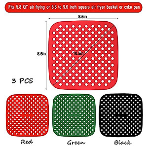 3 PCS Reusable Air Fryer Liners,Square Air Fryer Silicone Liners for Air Fryer Basket,Non-Stick Air Fryer Accessories Basket Mats Replacement for Parchment Paper, BPA Free. (Black Red Green, 8.5 in)