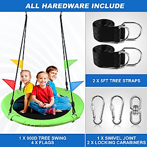 Odoland 40 inch Kids Saucer Tree Swing, Large Outdoor Chidren Round Rope Swing Installed on Tree and Backyard, 900D Waterproof Oxford Flying Saucer Platform Swing Great for 3 Kids or 1 Adult Green