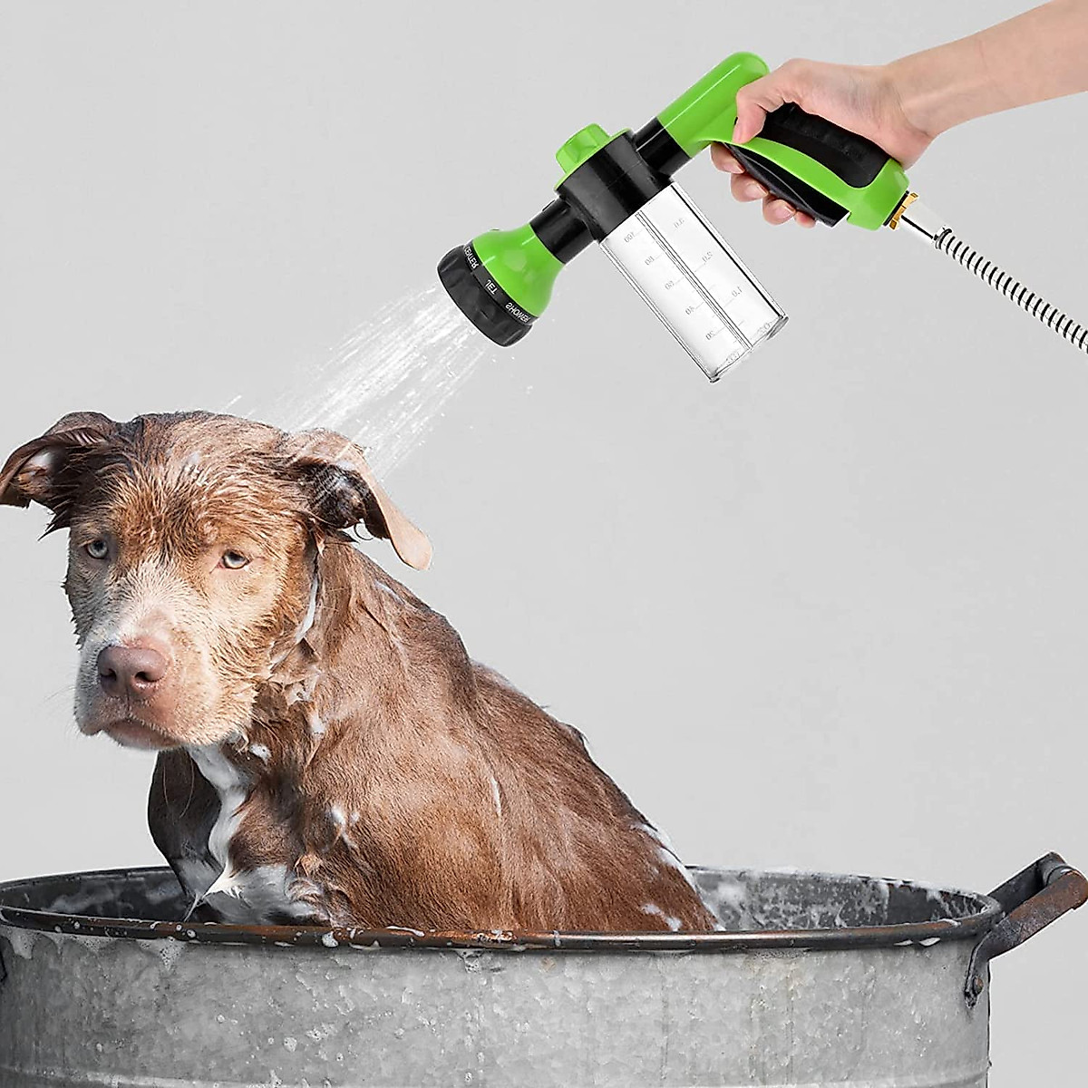 Dog Wash Hose Attachment for Indoor/Outdoor, 8 Spray Patterns Pup Jet Dog Wash Shower Hose Attachment with 3.5oz 100cc Soap Dispenser, Car Wash Mitt and Dog Bath Brush
