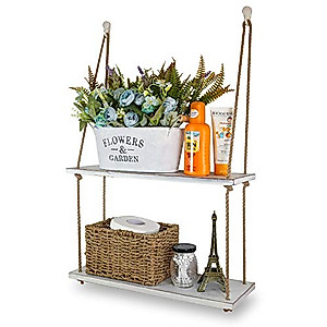 ASLINY Rustic Floating Corner Shelves Wall Mounted, 2 Tier Wood Storage Shelf Handmade (Distressed White)