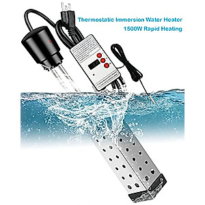 1500W Immersion Water Heater, Pool Water Heater Above Ground with Stainless Steel Guard Cover and Digital LCD Thermometer for Bathtub, Garden, Backyard