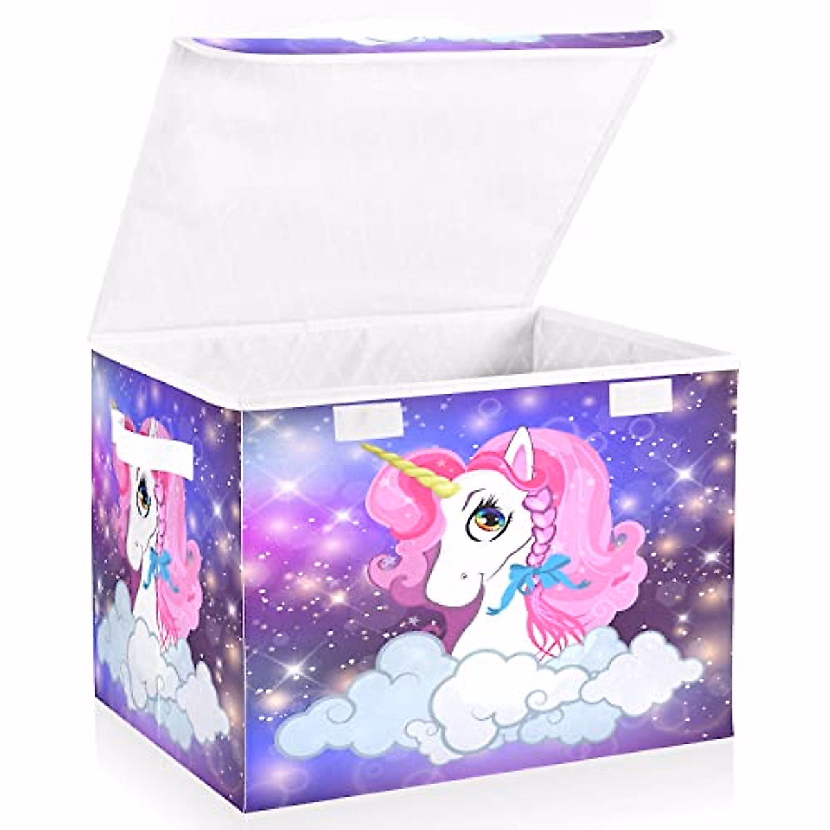 DOMIKING Unicorn Pink Head Galaxy Toy Storage Trunk with Lid Collapsible Storage Box Organizer with Handles for Nursery Drawer Shelves Cabinet